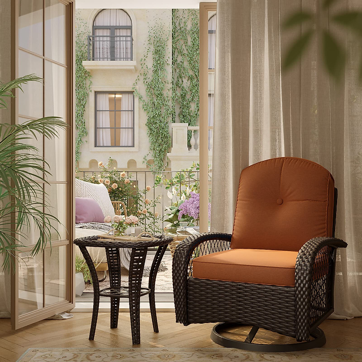 Apepro Patio Furniture Set,3 Pieces Outdoor Rocking Chair, Patio Wicker Chairs Set of 2,Patio Bistro Set with Premium Cushions and Coffee Table,Orange