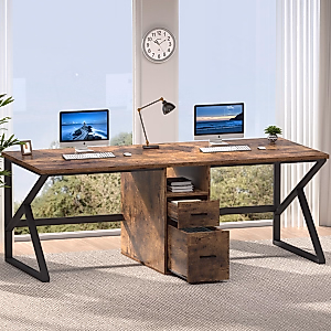 IBF 79" Two Person Office Desk,Large Double Long Pc Desk with File Drawer, 2 Person Computer Desk with Storage Cabinet Shelf, Industrial Wood Modern Work Dual Computer Table for Home, Rustic Brown