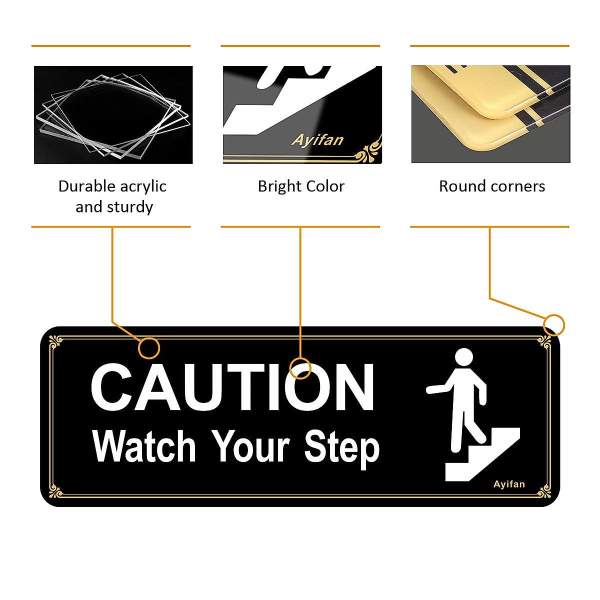 4 Pack Caution Watch Your Step Sign for floor, Acrylic with Symbols Self-adhesive for Home and Business Restaurants Offices 9"x3" Black Gold Easy to Mount Outdoor or Indoor Use Black