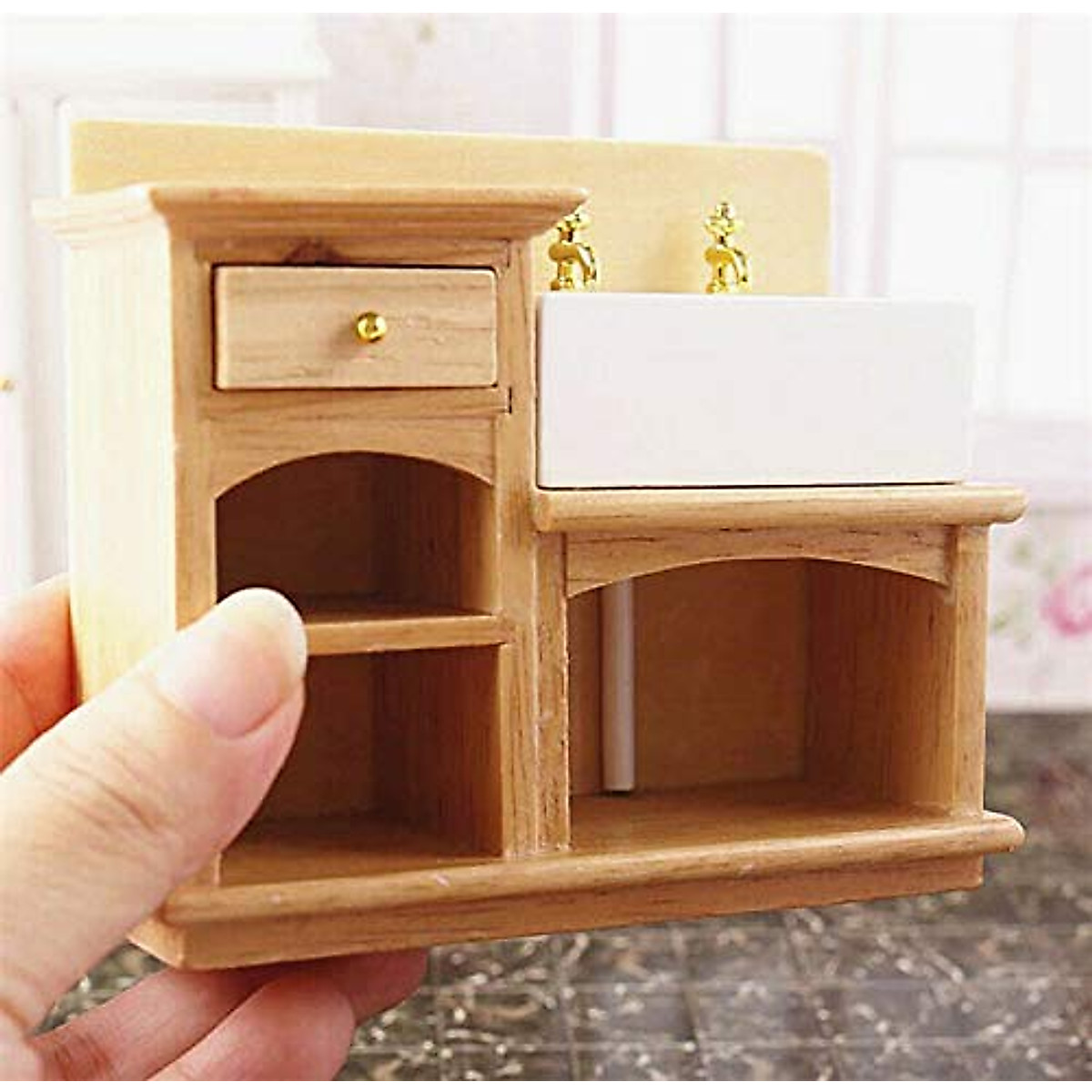 EatingBiting Mini House Bathroom Kitchen Decor Sink 1/12 Wooden Wash Basin Cabinet with Ceramic Hand Sink for Bathroom Kitchen Decoration Accessories