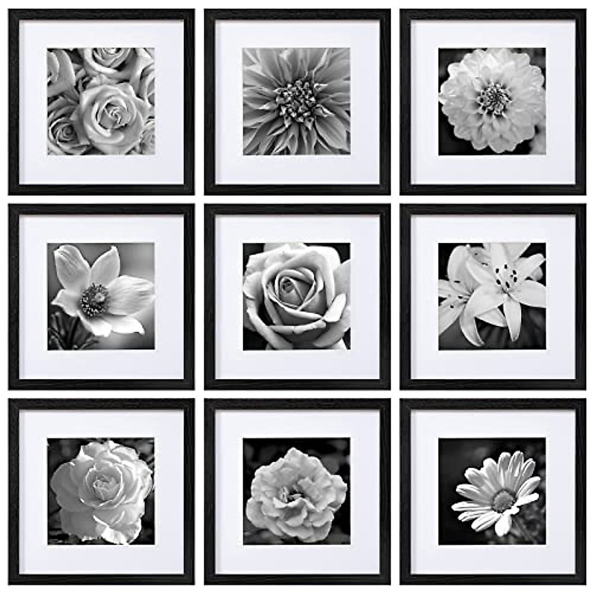 eletecpro 12x12 Picture Frames Black Set of 9, Wooden Square Frame Displays 8x8 with Mat and 12x12 without Mat, Poster Frame for Wall Hanging