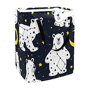 Constellation Bear with Moon Stars Print Collapsible Laundry Hamper, 60L Waterproof Laundry Baskets Washing Bin Clothes Toys Storage for Dorm Bathroom Bedroom