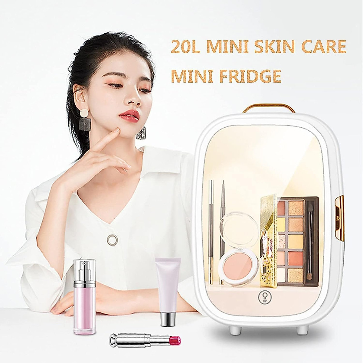 WESTN 20L Mini Fridge, Portable Skincare Beauty Fridge with LED Makeup Mirror (3 Level Brightness), Multifunctional Dual Purpose, for Food, Drinks, Skin Care, Beauty