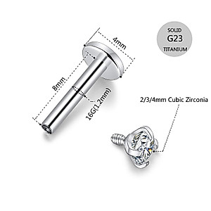 GAGABODY Forward Helix Earring 2/3/4mm Cubic Zirconia 3pcs G23 Titanium 16G 8mm Internally Threaded Labret Cartilage Tragus Monroe Lip Studs Piercing