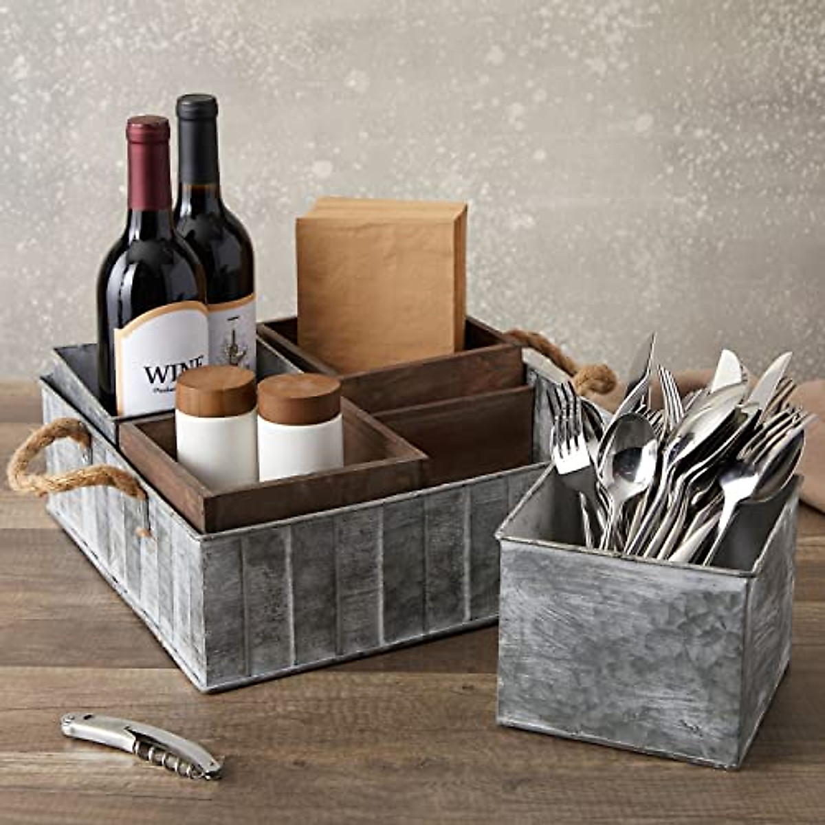 Farmlyn Creek 5 Piece Galvanized Metal Tray with Dividers and Removable Wooden Storage Boxes, Rustic Kitchen Decor (13 x 5 In)