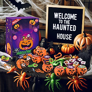 ATFUNSHOP 240PCS Halloween Party Favors 30Packs Prefilled Small Pumpkins With Assorted Halloween Toys In Bulk Trick or Treat Miniatures for Classroom Students Exchange Halloween Carnival Prizes