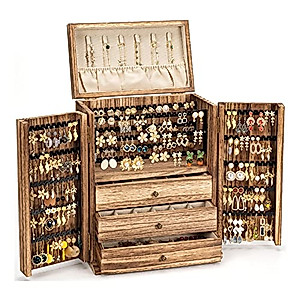 Poyilooo Jewelry Box Organizer, Large Jewelry Boxes for Women, Great Storage Earring Organizer Display for Necklace Earring Ring Bracelet, Rustic Wood Jewelry Organizer Box for Girls, Ideal Gift