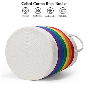 LOILAM Cotton Rope Basket, Rainbow Pride Blanket Basket, Toy Storage Basket, Woven Laundry Baskets with Handles