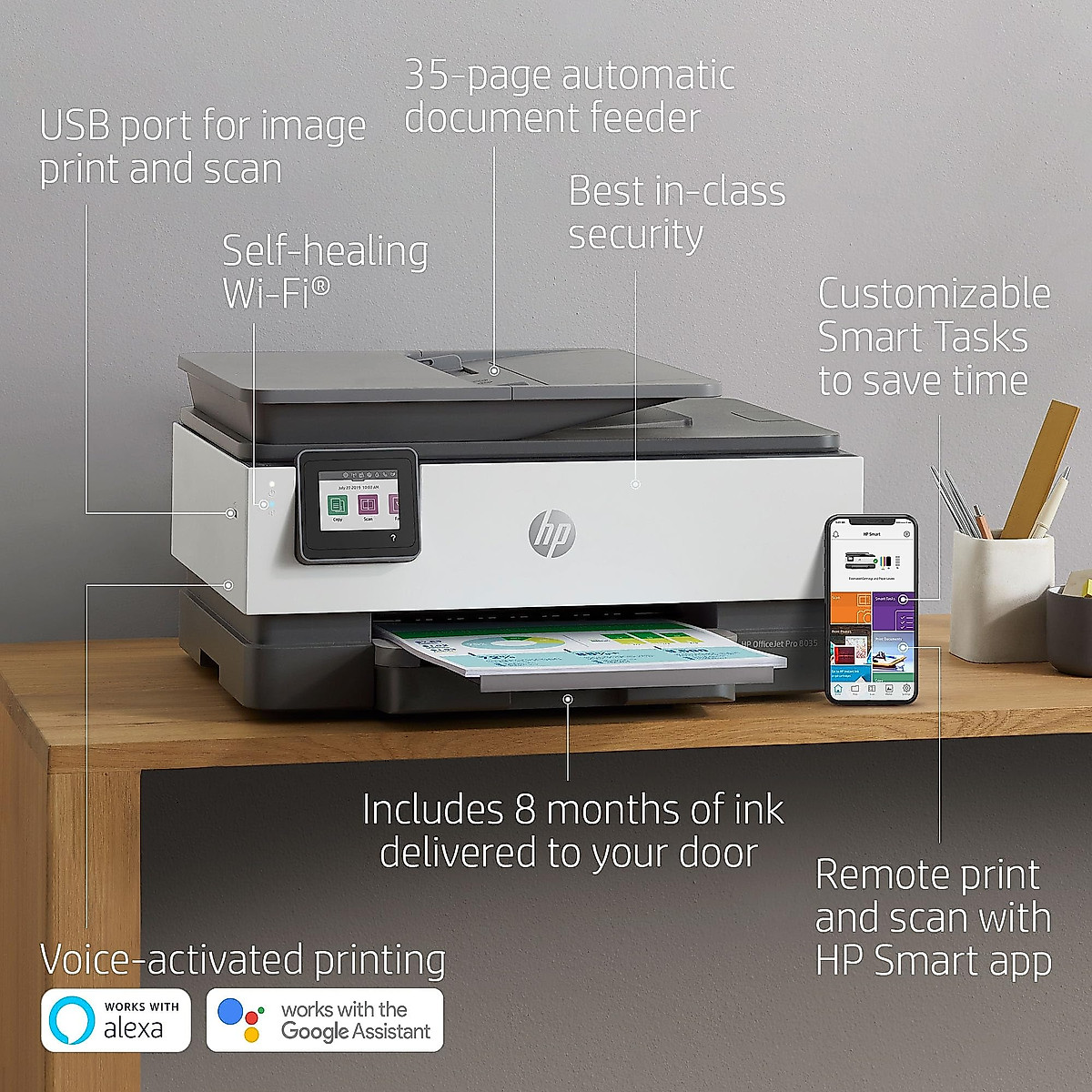 HP OfficeJet Pro 8035 All-in-One Wireless Printer - Includes 8 Months of Ink, HP Instant Ink, Works with Alexa - Basalt (5LJ23A)