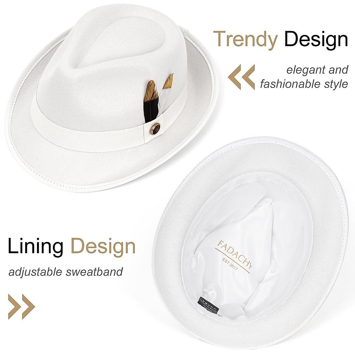 FADACHY Fedora Hats for Men & Women Short Brim Felt Hat Trilby Fedora with Feather Panama Dress Hat White Fedora M-L