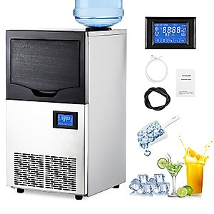 Commercial Ice Maker Machine, 140Lbs/24H with 2 Water Inlet Modes and 22Lbs Bin, Stainless Steel Under Counter/Freestanding Ice Machine for Home/Shop/Office/Bar,110V