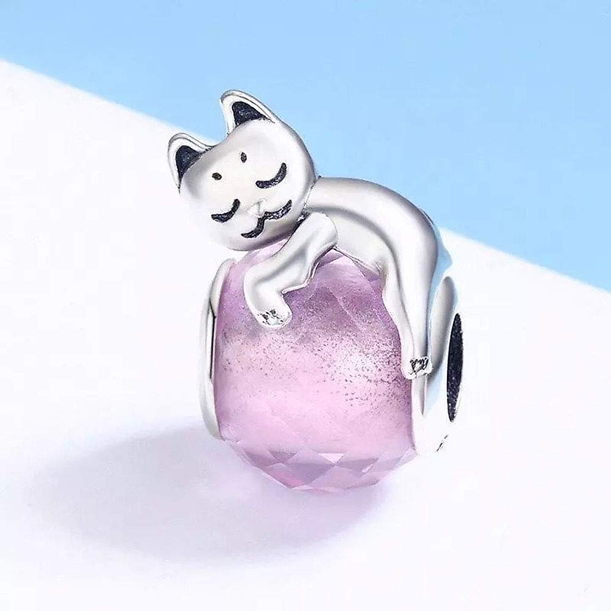 Lovely Animals Charm 925 Sterling Silver Animal Charm Beads for Fashion Charms Bracelet & Necklace (Cute Cat & Pink Glass)