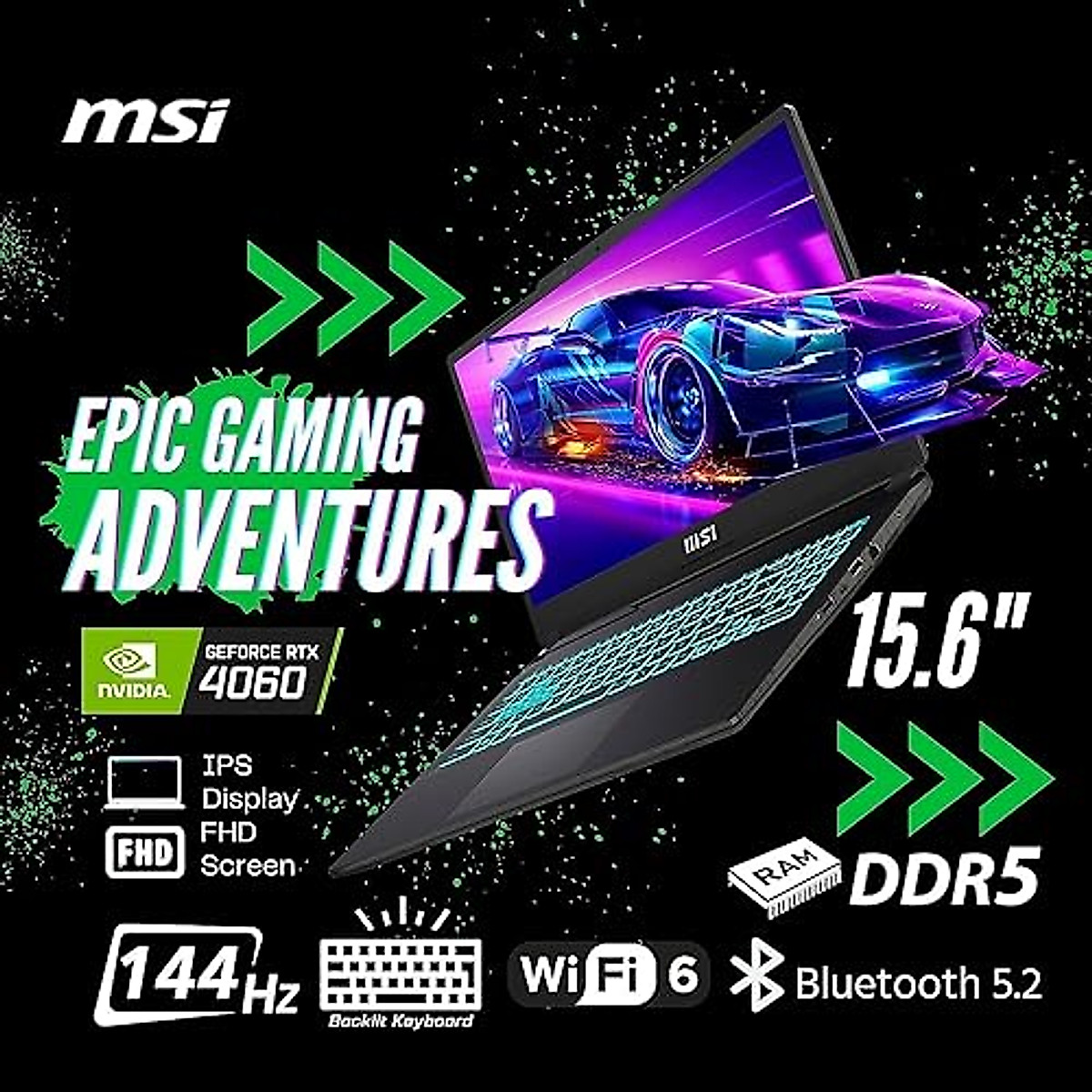 MSI Cyborg 15 Gaming Laptop, 15.6" FHD 144Hz Display, Intel Core i7-12650H, NVIDIA GeForce RTX 4060, 32GB DDR5 RAM, 2TB SSD, Webcam, Backlit Keyboard, Wi-Fi 6, Windows 11 Home, Translucent Black