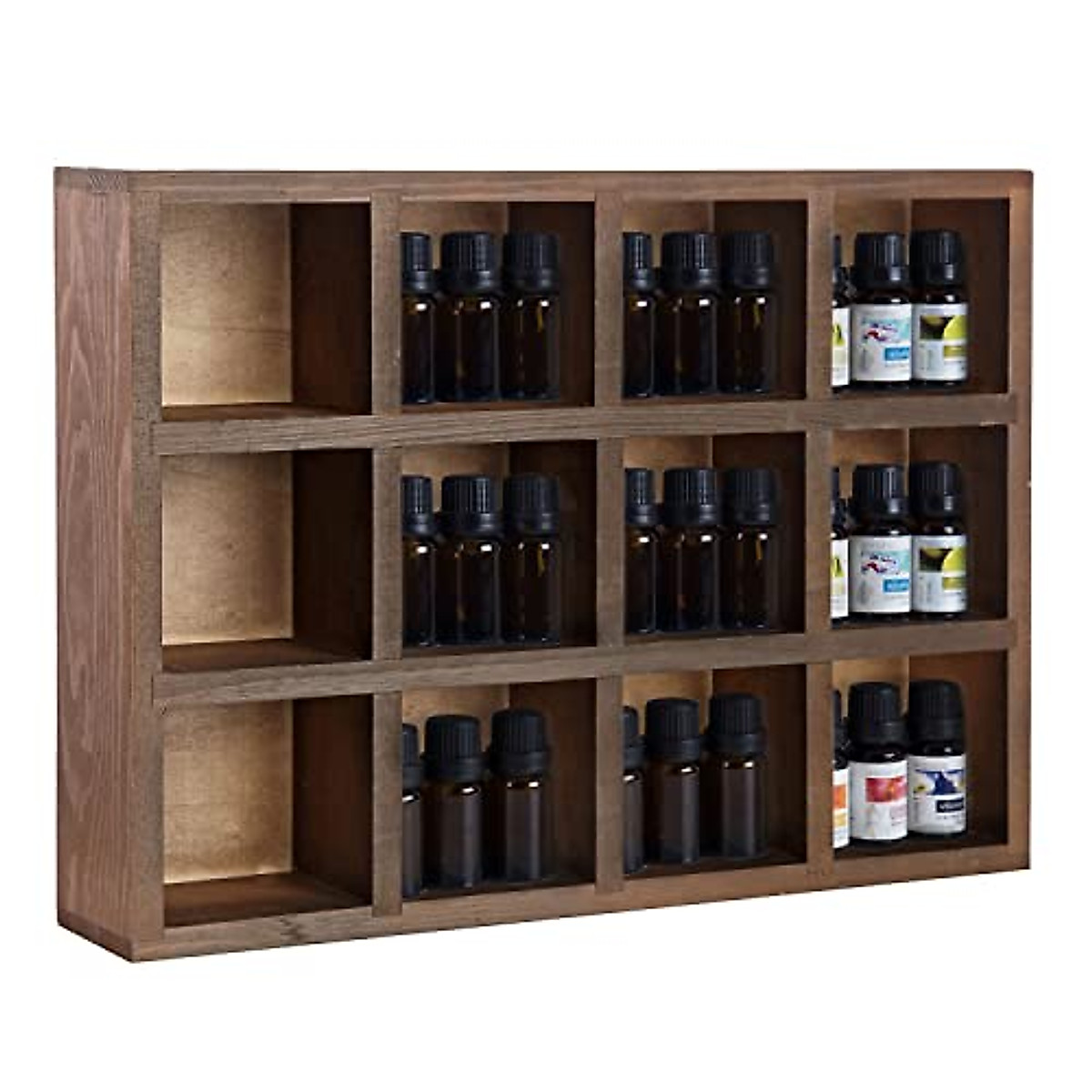 MyGift Brown Wood Hanging Shadow Box, Shot Glasses Display Case, Crystal Display Shelves, Collectibles Display Shelf, Freestanding or Wall Mounted Shelving Unit with 12 Compartments