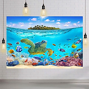 MEHOFOND 7x5ft Soft Fabric Summer Ocean Photography Backdrop Under The Sea Turtle Photo Background Ocean Coral Sky Clouds Seaside Islands Birthdy Baby Shower Party Decor Portrait Photo Props