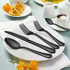 LIANYU 40-Piece Black Silverware Set for 8, Stainless Steel Flatware Cutlery Set, Eating Utensils Set with Scalloped Edge, Dishwasher Safe, Mirror Polished
