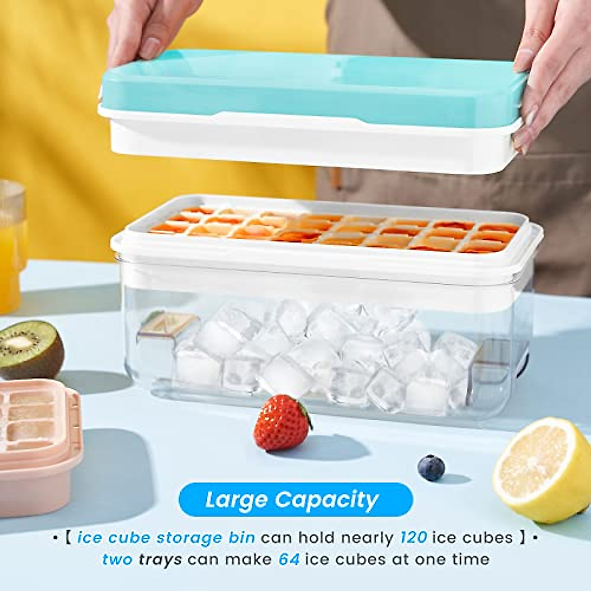Ice Cube Tray with Lid and Bin, 64 pcs Ice Cubes Molds, Ice Trays for Freezer, Ice Cube Tray Mold, With 2 trays, Ice Freezer Container, Spill-Resistant Removable Lid & Ice Scoop, for Whiskey,Cocktail