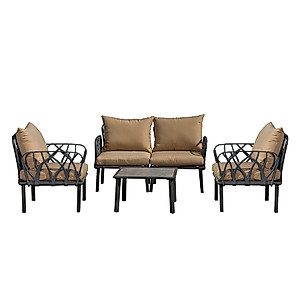 Domi Outdoor 4 PCS Patio Conversation Set with Removable Grey Cushions, Plastic Dining Table and Chairs Dining Set for Garden Lawn Yard