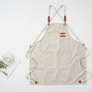 Canvas Chef Apron for Men Women, Cotton Canvas Cross Back Apron with Adjustable Straps and Large Pockets Heavy Duty Work Apron (Beige)