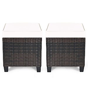 LDAILY Moccha 2 Pieces Patio Outdoor Ottoman, All Weather Rattan Patio Ottoman Set w/Removable Cushions, Footrest Seat Outdoor Footstool (Cream)