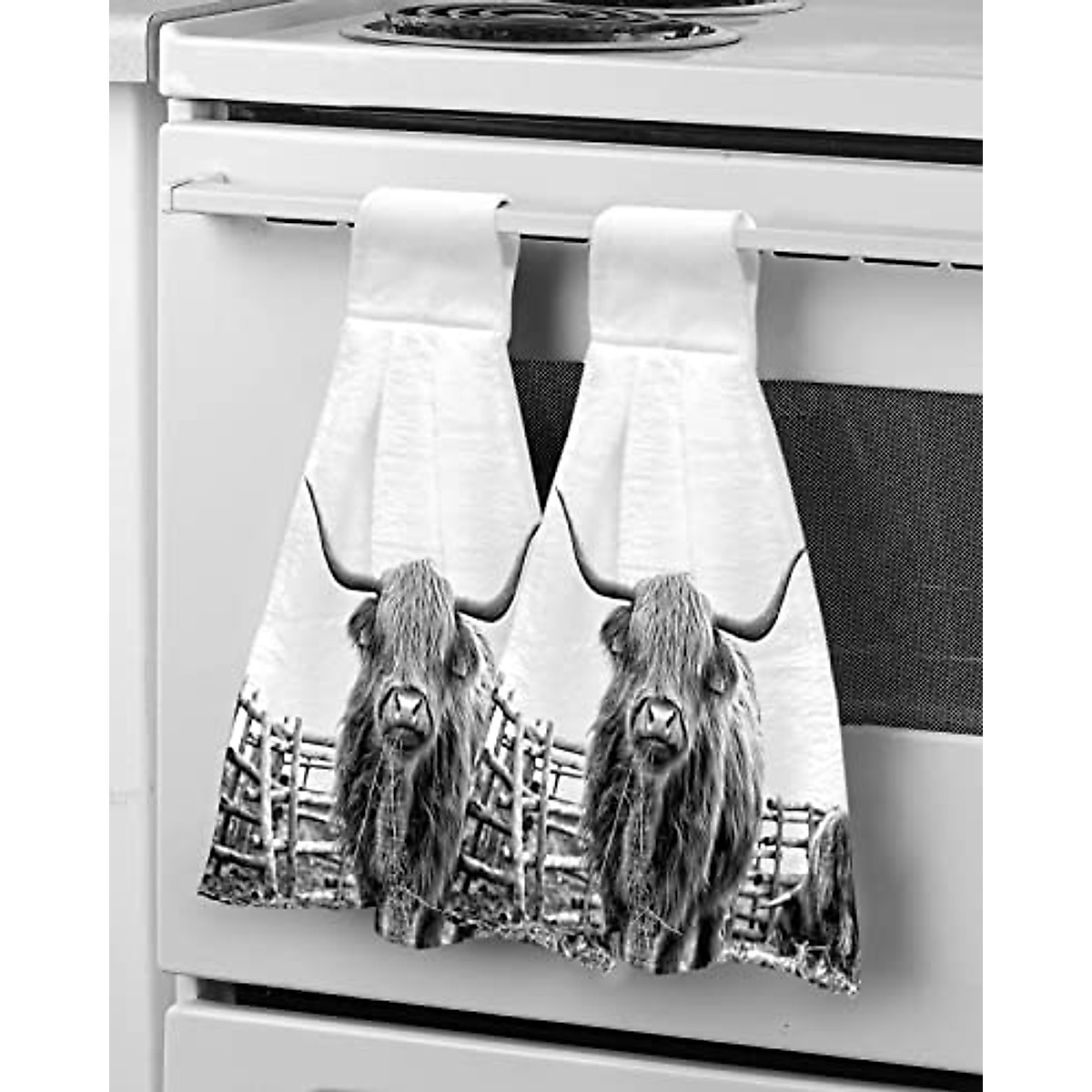 Farmhouse Yak Kitchen Towels with Hanging Loop 2 Pack, Absorbent Hand Towels for Bathroom, Grey Funny Cute Farm Animals Rustic Hand Kitchen Towel Tea Bar Dish Cloths Tie Towel 18"x14"