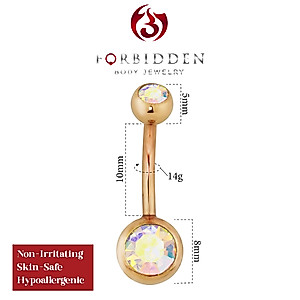 Forbidden Body Jewelry Rose Gold IP Plated Surgical Steel Double CZ Crystal Belly Button Ring (Aurora Borealis)