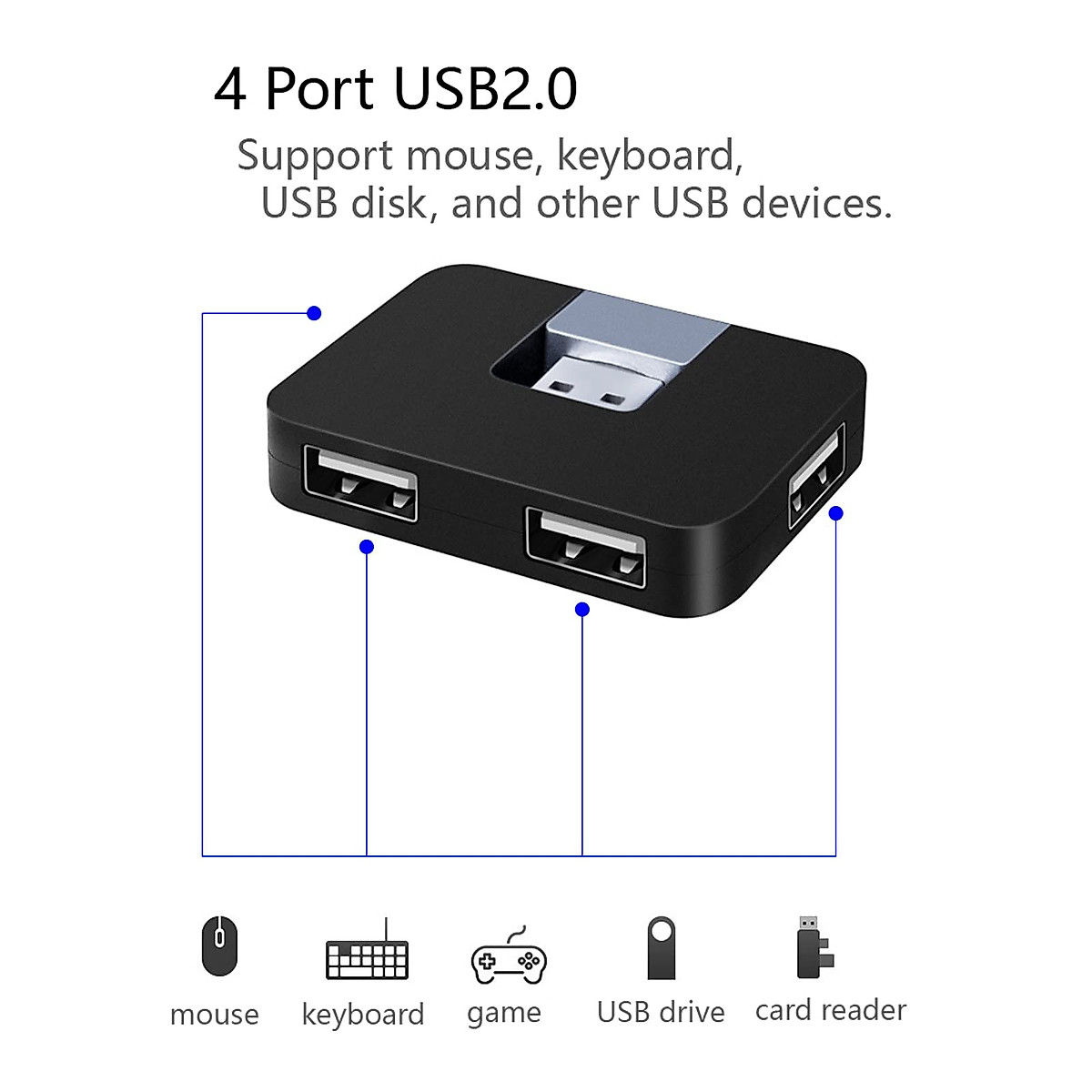USB Hub 2.0 Mini Creative U Shape Hub with 4-Port USB for PC Laptop USB Data Transfer, Black