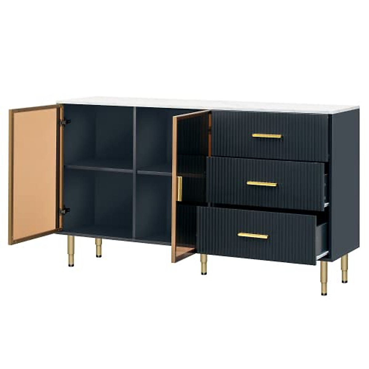 RuiSiSi Modern Sideboard Cabinet Accent Buffet Storage Glass Doors Sideboard Cabinet Marble Top with Gold Metal Legs Buffet Storage Cabinet Console Table Kitchen, Navy Blue