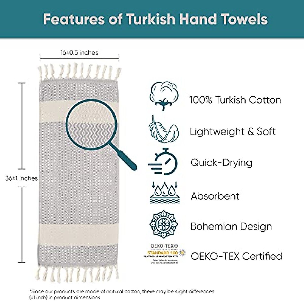 sea me at home 2 Pack Decorative Turkish Hand Towels for Bathroom with Bohemian Design (Set of 2), 100% Turkish Cotton Farmhouse Boho Kitchen Towel Set, 16 x 36 Inches (Light Gray)