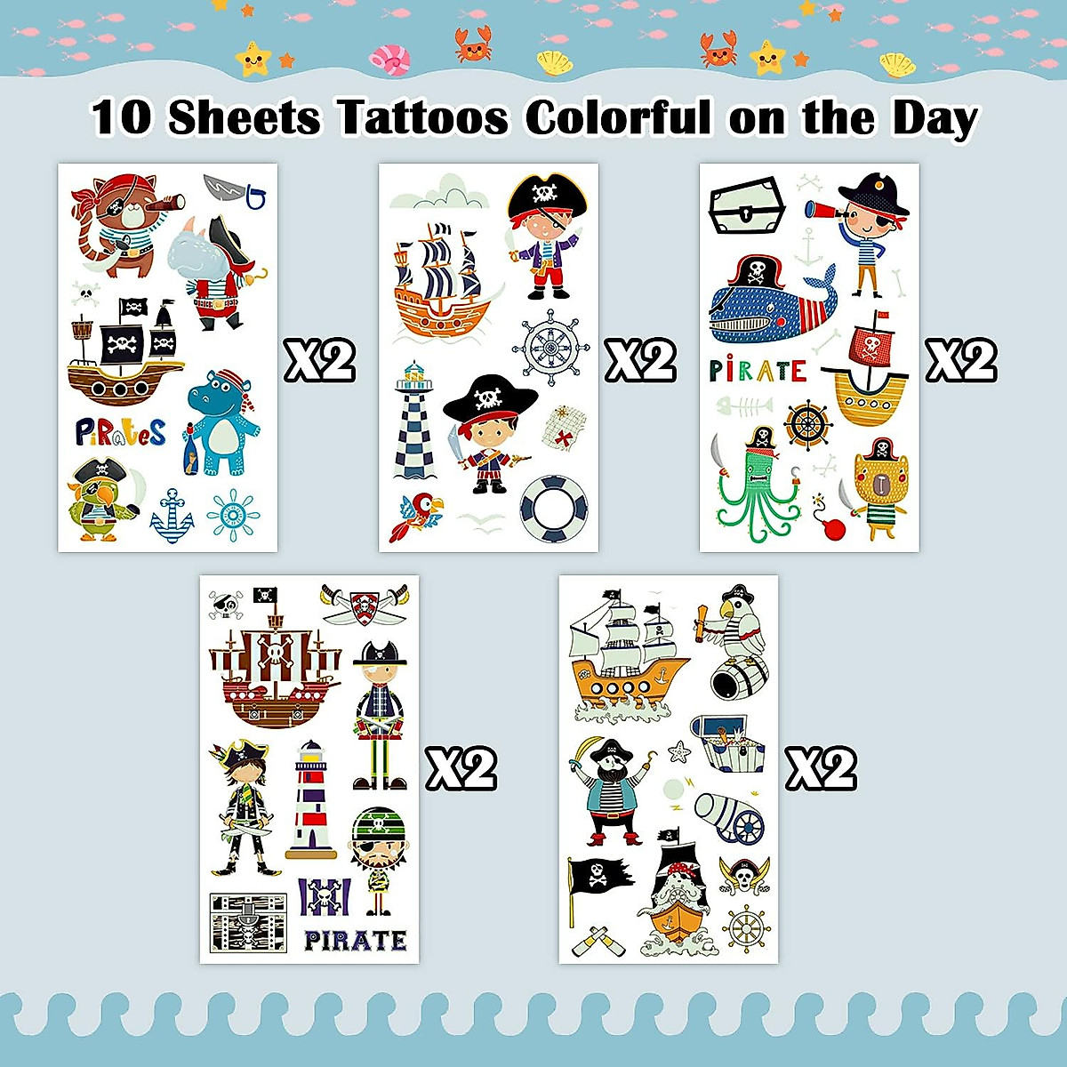 Cerlaza 100 Styles Luminous Pirate Party Supplies, Pirate Temporary Tattoos for Kids Birthday Party Favors Decorations, Fake Pirate Tattoos Stickers Accessories for Boys and Girls Toddlers Body Makeup