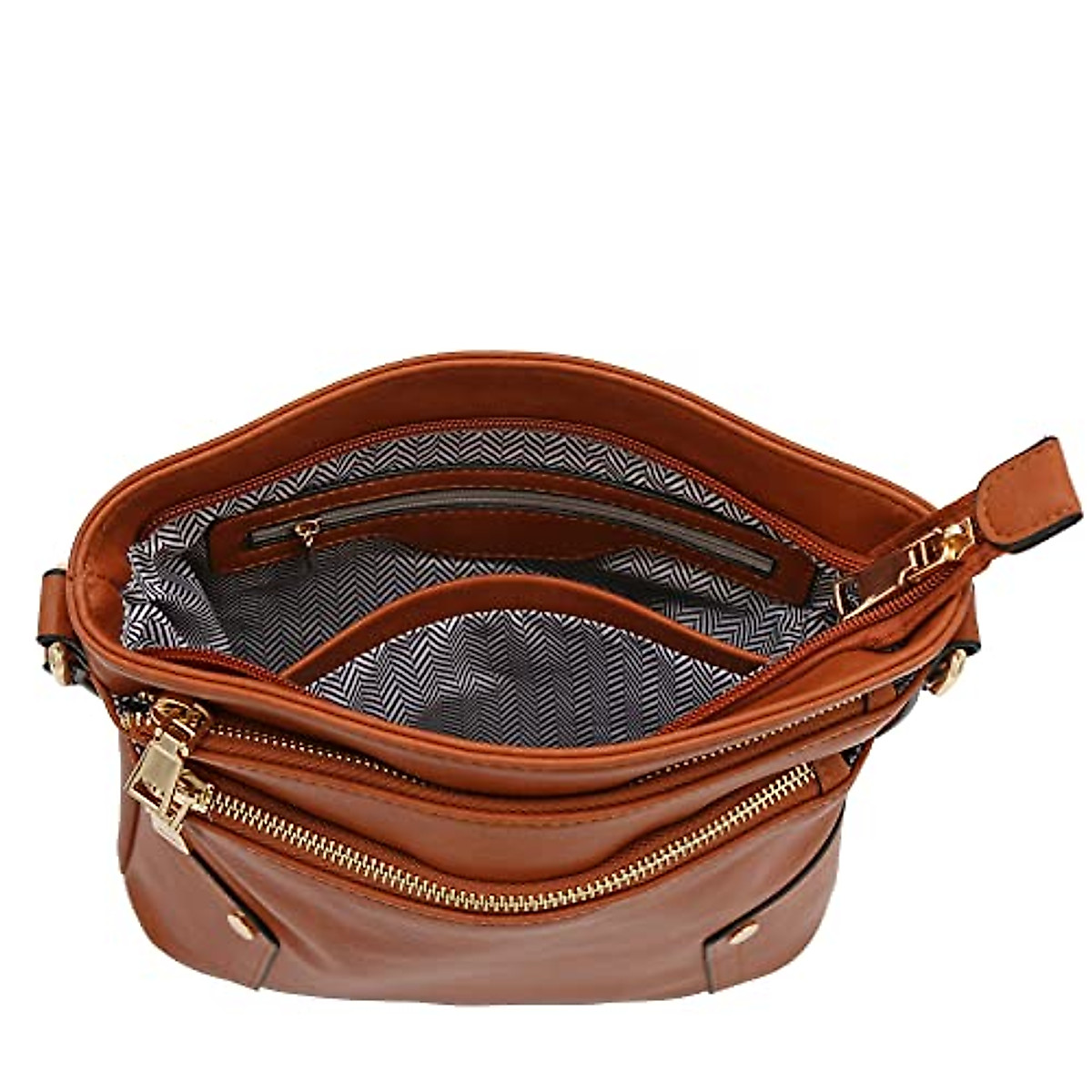 FashionPuzzle Triple Zip Pocket Medium Crossbody Bag (Dark Tan)