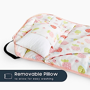 Wake In Cloud - Cot Nap Mat with Pillow and Blanket, for Toddler Kids Boys Girls in Daycare Kindergarten Preschool Pre K with Elastic Corner Straps, Cute Strawberry on Ivory