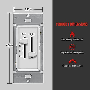 ENERLITES 3 Speed Ceiling Fan Control and Dimmer Light Switch, 2.5A Single Pole Light Fan Switch, 300W Incandescent Load, No Neutral Wire Required, 17001-F3-W, White, 2 Pack…