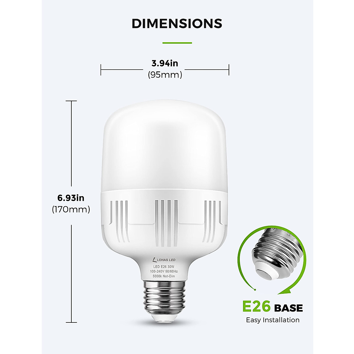 LOHAS Super Bright Light Bulbs, 250-300W Equivalent 3400LM E26 Garage LED Bulb, 5000K Daylight 30 Watt High Lumen LED Bulb w/E39 Adapter for Commercial Warehouse Workshop Factory Backyard Barn, 2 Pack