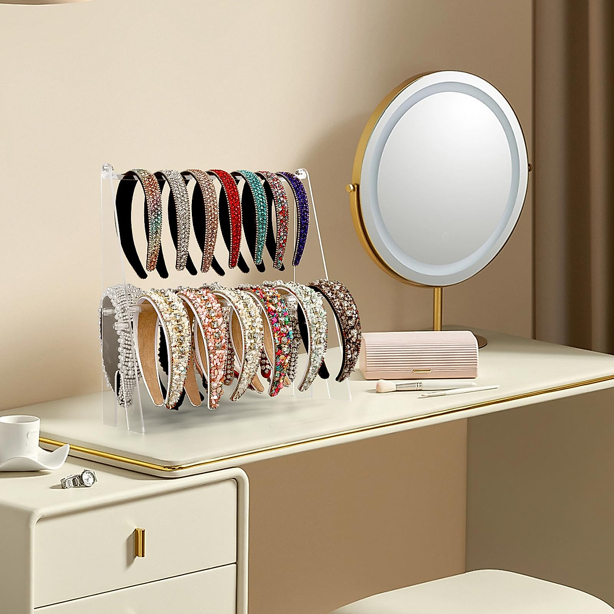 AOFLLU Headband Holder Headband Organizer, Acrylic Headband Holder Organizer, 2-Tier Clear Headband Display Stand, Headband Storage Rack for Girls and Women 13.4in Height