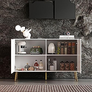 FAMAPY Modern Sideboard Buffet Storage Cabinet with Doors, Wood Buffet Table Kitchen Storage Cabinet with Gold Metal Legs, White (46.2”W x 15.6”D x 28.6”H)