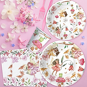 Xigejob Fairy Party Decorations Tableware - Fairy Birthday Party Supplies, Plate, Cup, Napkin, Tablecloth, Cutlery, Flower Fairies Enchanted Forest Garden Birthday & Baby Shower Decorations | Serve 24