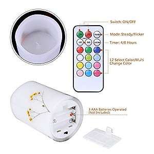 UNIVELA Candles Set of 3 Flameless 4" 5" 6" Unscented Tealight Butterfly Flower Plants Decor Real Wax Pillar Candle LED Lights 12 Color Changing 4H 8H Timer Remote Control AAA Batteries Operated