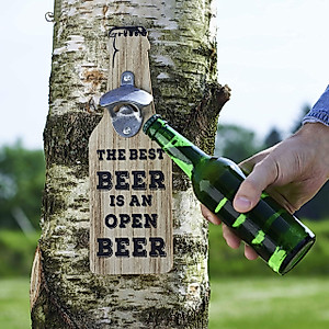 Americana BEST BEER IS AN OPEN BEER, Bottle Opener Wall Plaque, Silo Style, Flat Panel Wood, Metal, 11.75 Tall, Keyhole Hanger