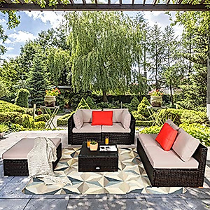 Tangkula 6 Piece Patio Furniture Set, Outdoor Deck Lawn Backyard Durable Steel Frame PE Rattan Wicker Sectional Sofa Set, Conversation Set with Coffee Table (Beige)