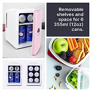 Living Enrichment Mini Fridge Chilling and Warming, AC/DC Power Portable Refrigerator, 4L 6 Cans Capacity, for Skincare, Foods, Medications, Milk, Home and Travel Pink White