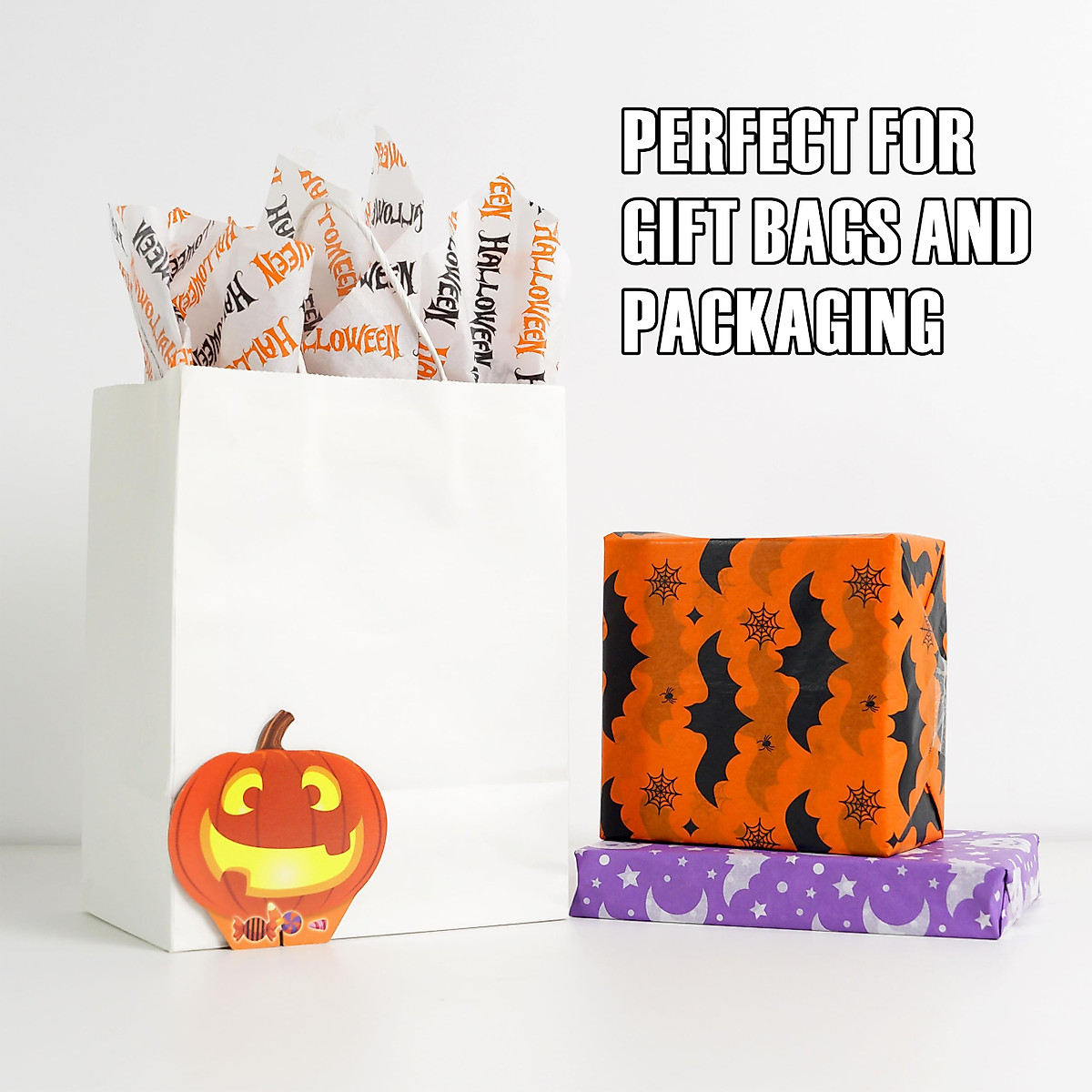 Bobobag 100 Sheets Halloween Tissue Paper for Gift Bags,14"X20" Orange Tissue paper Party Art Decoration various designs