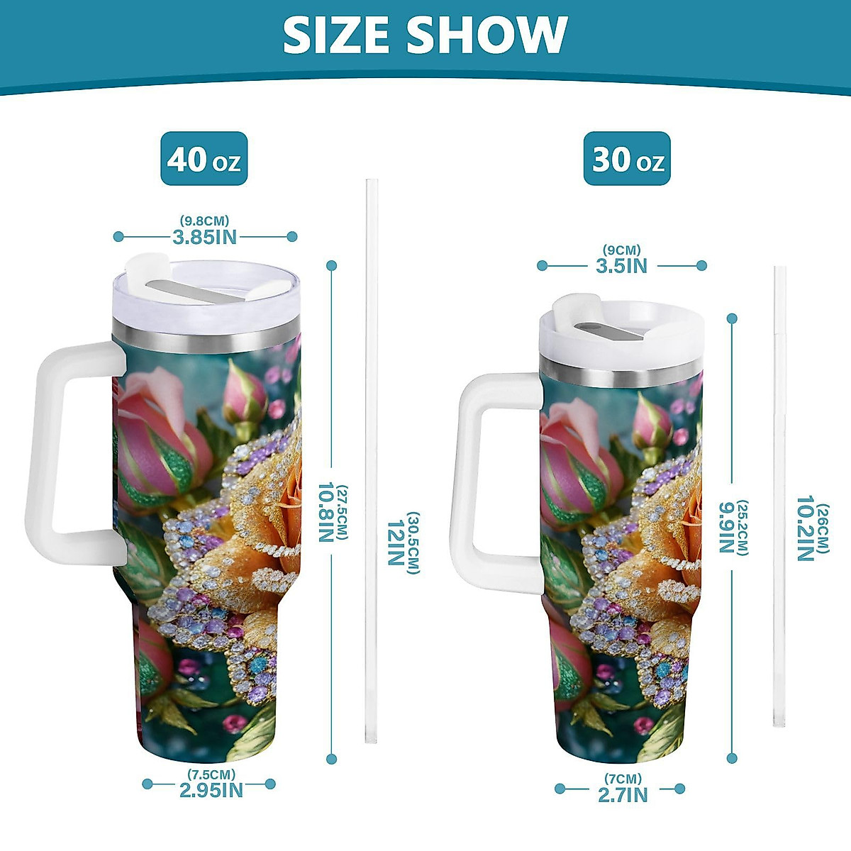 FLildon 40oz Tumbler with Handle and Straw Lid, Diamond Glitter Rose Valentines Day Insulated Coffee Mug Stainless Steel Water Bottle Leakproof Vacuum Travel Coffee Cup