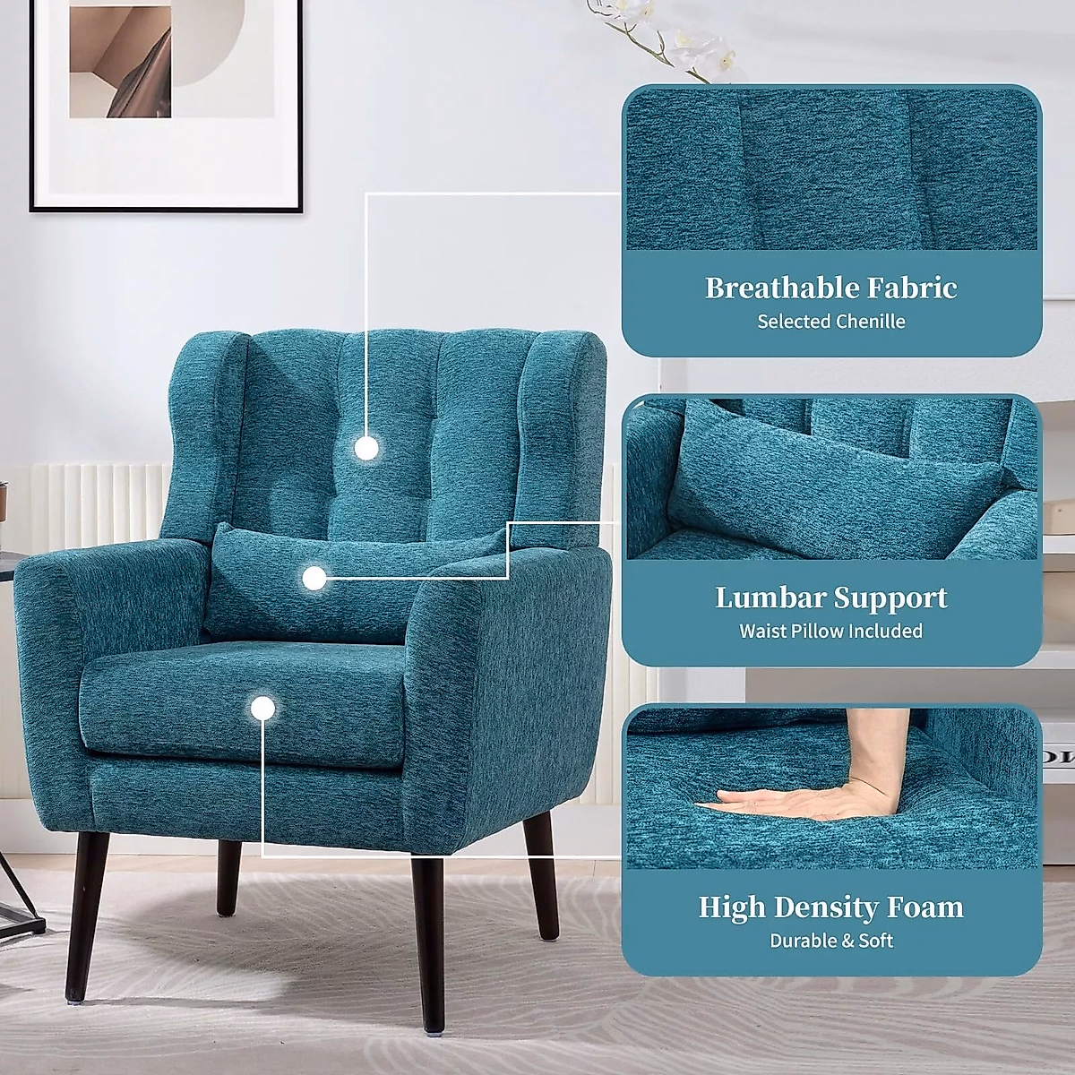 Depurate Modern Armchair with Chenille Fabric Upholstery for Bedroom or Lounge Area