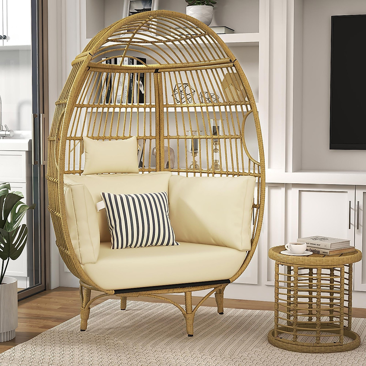 YITAHOME 360° Swivel Egg Chair Outdoor, 400lbs Capacity Oversized Patio Rotating Basket Chair, All-Weather Wicker Egg Lounger Chair for Outside Indoor (Beige)