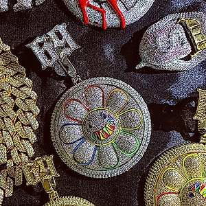 ICEDIAMOND 14K Full CZ Diamond Spin-Up Daisy Painted Rotating Pendant Crazy Chain Necklace, Gold Plated Iced Out Bling Zirconia Hip Hop Charm Jewelry for Men Women (White-Large)