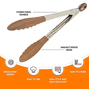 Boxiki Kitchen Tongs for Cooking with Wooden Tips - Nonstick Cooking Tongs & Salad Tongs for Serving Food, Grilling, Cooking, BBQ and Tossing Salad - Made of Natural Walnut Wood, Size 12-inch