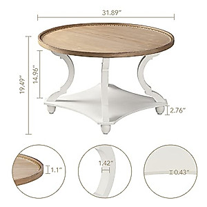 Wnutrees Farmhouse Round Coffee Table,Wood Tray Top Circle Coffee Table with Storage Shelf Rustic Style for Living Room and Vintage Finish,White