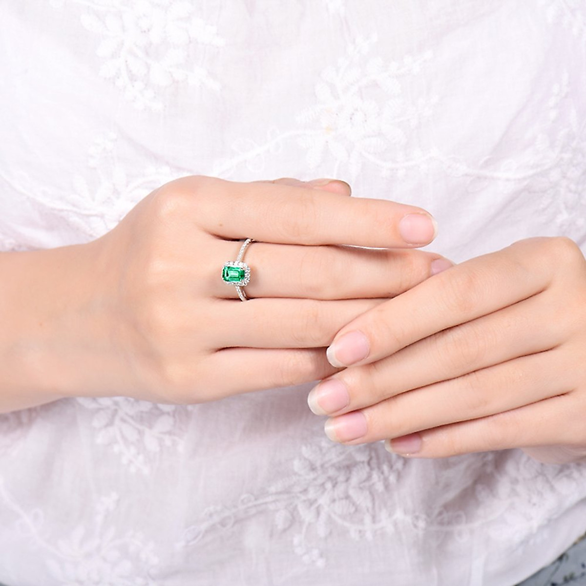 Lanmi 14K White Gold Natural Green Emerald Engagement Solitaire Rings Diamonds Wedding Band for Women Promotion