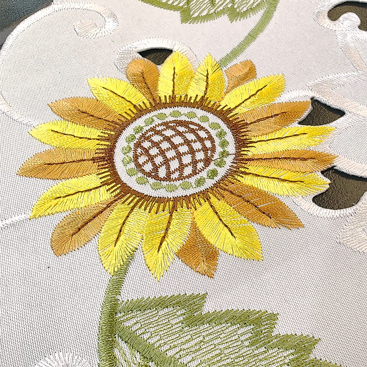 LeLehome Embroidery Sunflowers Cutwork Round Placemats, 4PCS 15" Home Kitchen Dining Autumn Summer Doily Tabletop Decoration